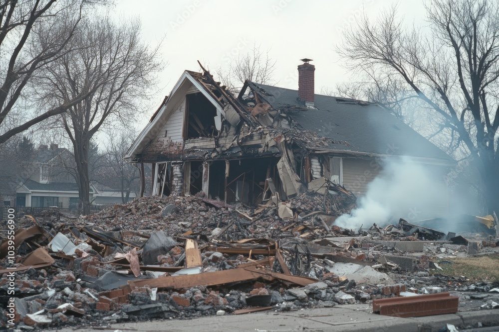 A once stable house now half-collapsed with smoke emanating from it ...