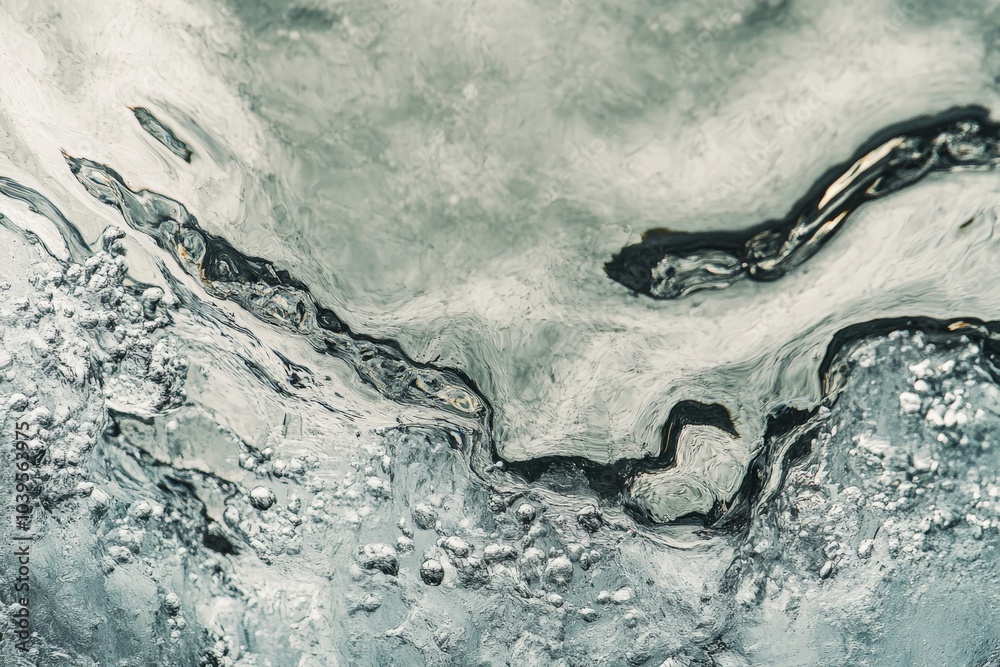 This image features a macro view of an icy surface, capturing bubbles ...