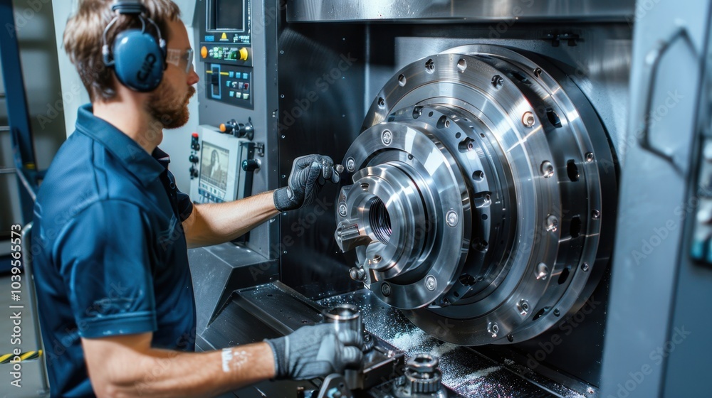 A lathe operator working on a lathe in a workshop at a factory. A man ...