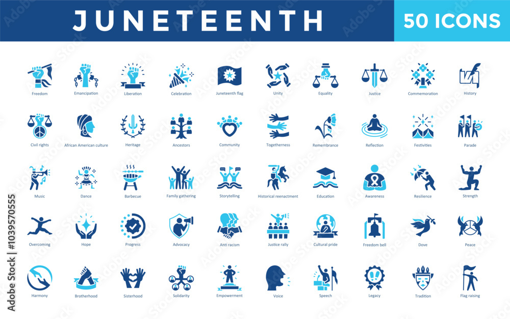Juneteenth icon set with freedom, emancipation, liberation, celebration ...