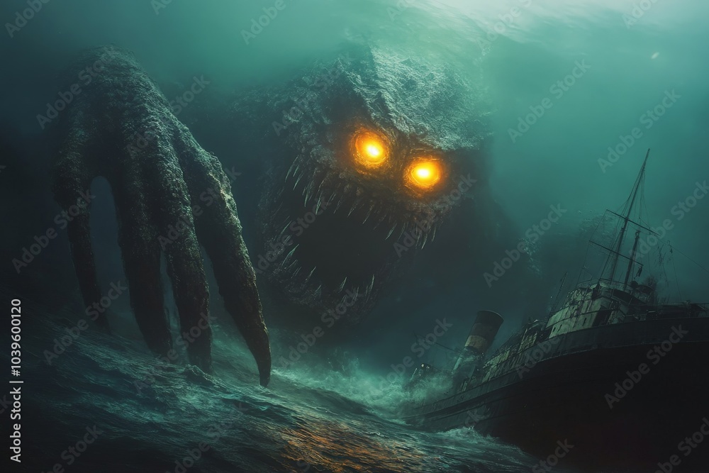 An enormous sea monster with fiery glowing eyes surfaces amid turbulent ...