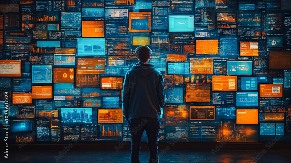 A man stands in front of a wall of computer monitors displaying various ...
