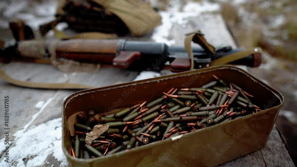A box of machine gun ammo. There are a lot of machine gun ammo on the ...