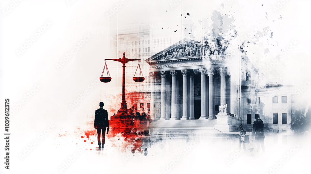 Businessman is walking toward scales of justice and courthouse with red ...