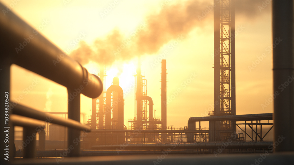 In this image, refinery pipes are shown in action, with steam visibly ...