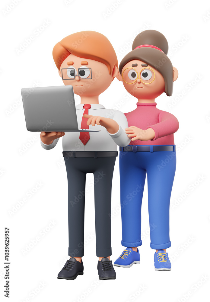 Two cartoon characters stand together, one using a laptop. Modern ...