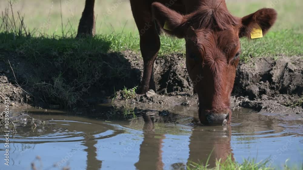 A cow standing near a water puddle in an open field, drinking water ...