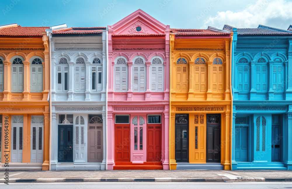 Colorful shops in the town with a clear blue sky. A row of multi ...