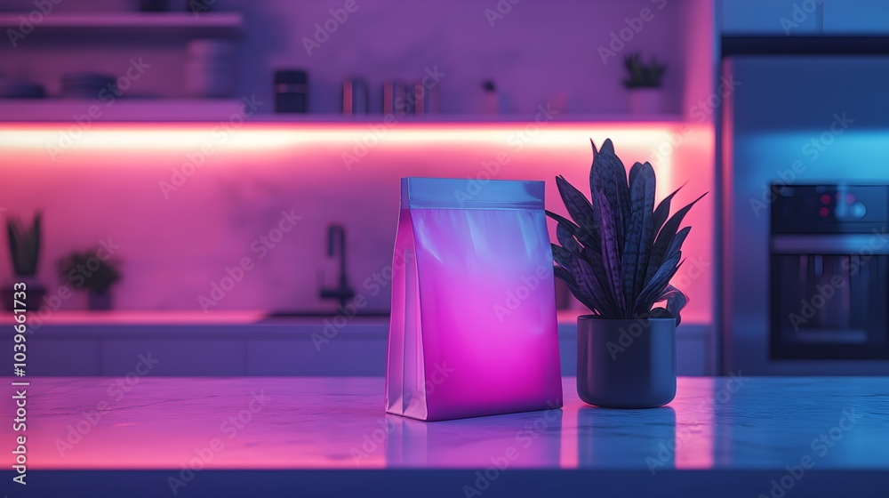 Geometric-patterned snack bag with neon colors under soft LED lights in ...