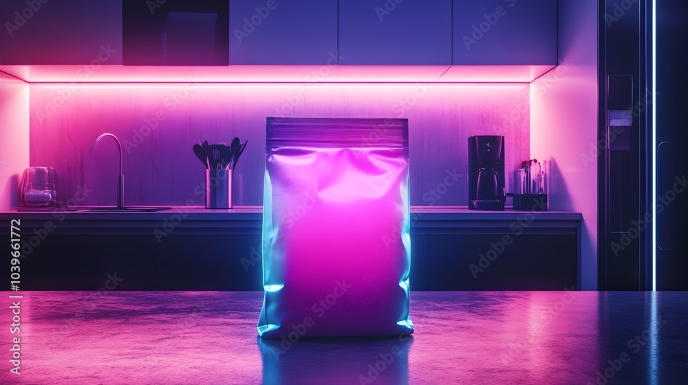 Geometric-patterned snack bag with neon colors under soft LED lights in ...