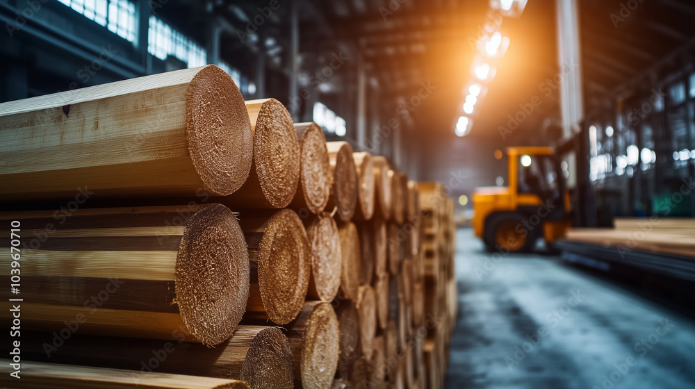 Rows of stacked pine wood planks inside a state-of-the-art timber ...