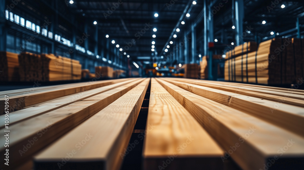 Towering stacks of freshly cut pine wood planks aligned in perfect rows ...