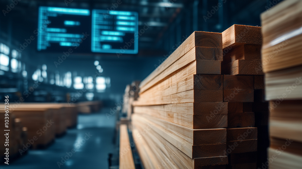 A side view of stacked pine wood planks in a large-scale production ...