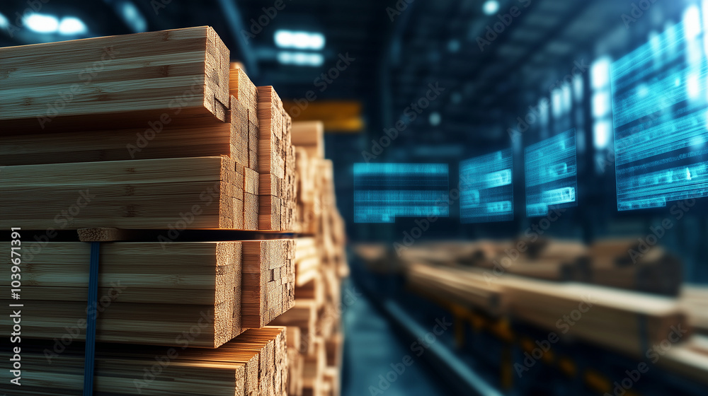 A side view of stacked pine wood planks in a large-scale production ...