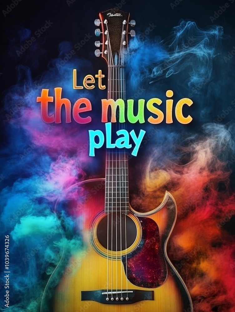 Let The Music Play: A vibrant acoustic guitar stands bathed in a ...