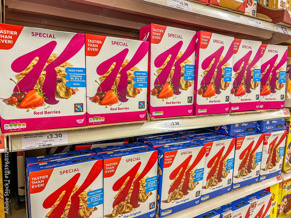 Packets of Kellogg cereal products displayed on shelves of a ...