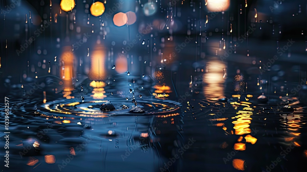 Night road blurred Rain drops rippling in a puddle on a dark rainy day ...