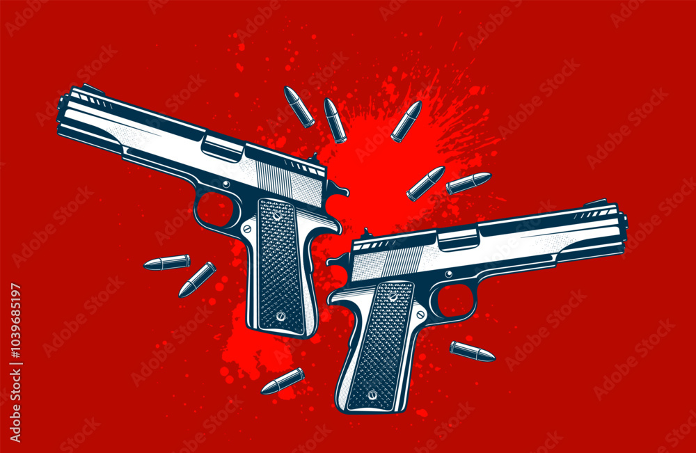 Detailed shotgun and blood splatter vector illustration of a detective ...