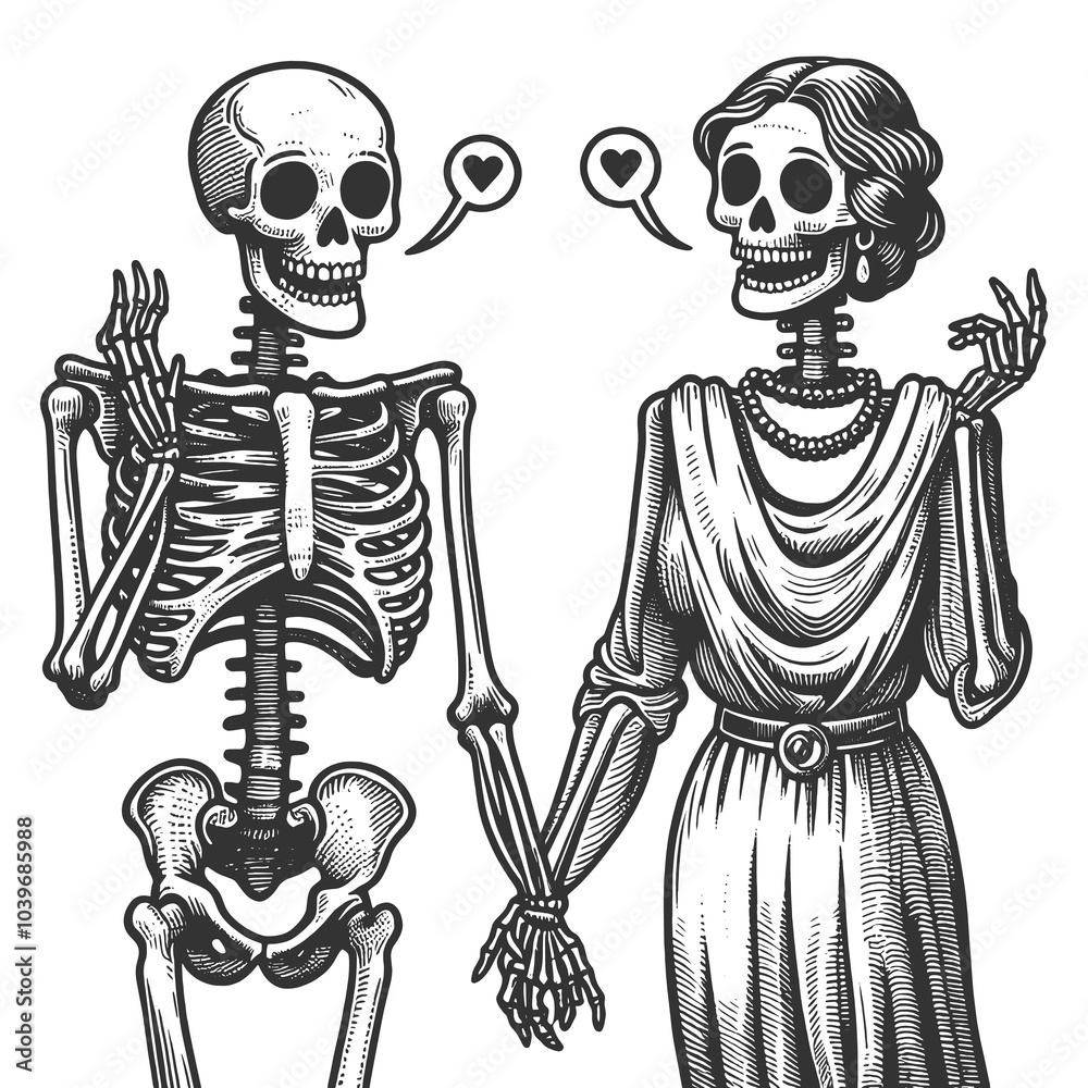 skeleton couple holding hands, exchanging heart symbols in speech ...