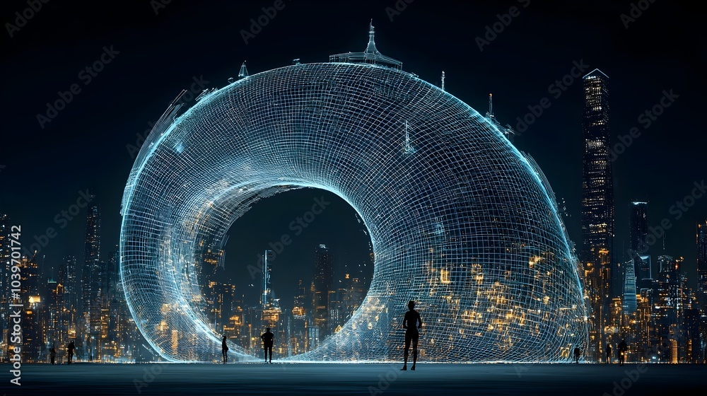 A futuristic city park scene featuring glowing mesh paths that trace ...