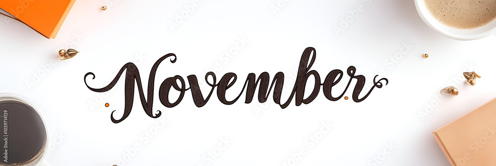 Hand-lettered word "November" in a rounded on a white background, using ...