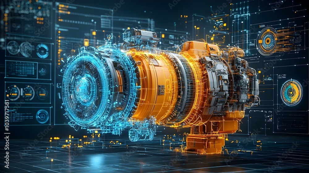 Glowing 3D mesh representation of machinery and production processes ...