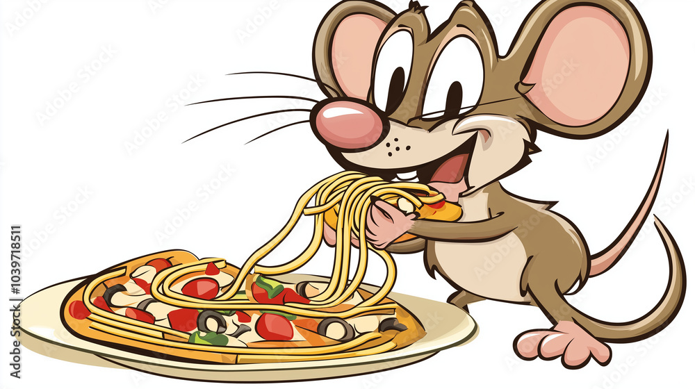 Whimsical Mouse Eating Pizza and Spaghetti Cartoon Art Stock ...