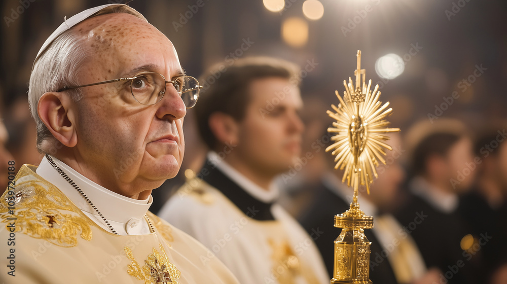 The Pope holds a grand monstrance during Eucharistic Adoration at a ...