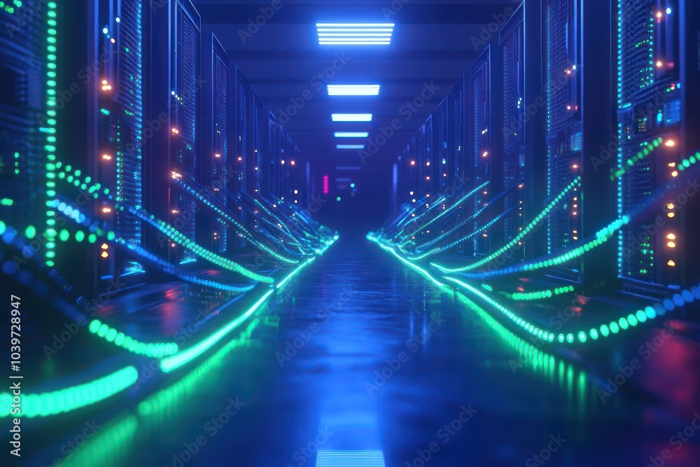 A futuristic data center with fiber optic cables glowing in neon blue and green lights ...