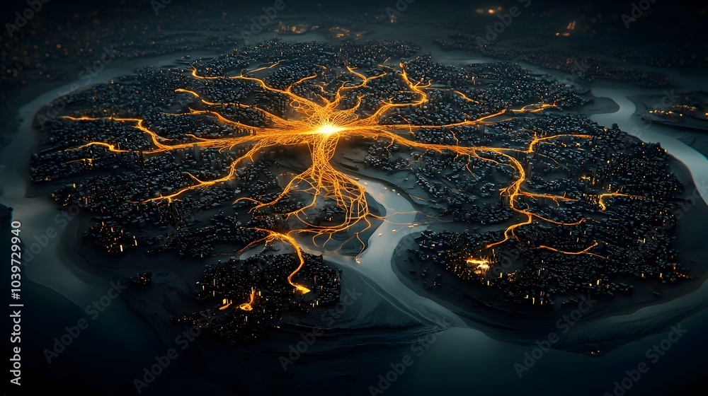 Glowing Mesh River Delta A mesmerizing digital landscape where a ...
