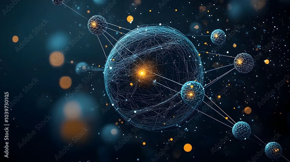 Glowing mesh representation of an atom with electrons orbiting in ...
