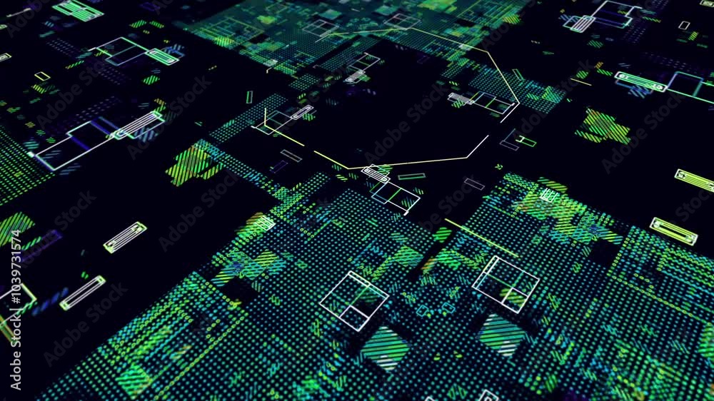 Digital circuit board background animation, particle cyberspace ...