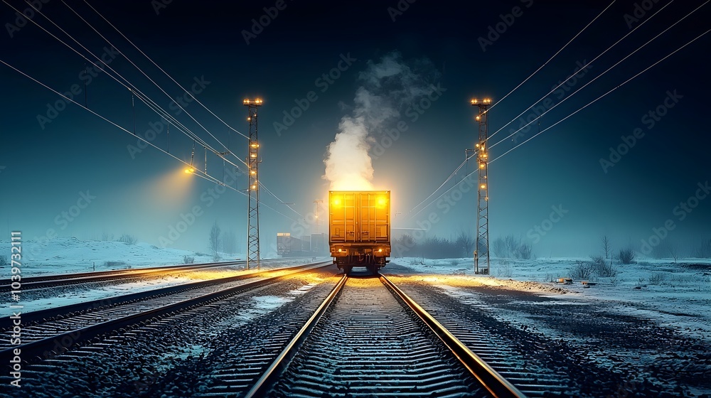 Illuminated mesh lines tracking industrial freight railway systems ...
