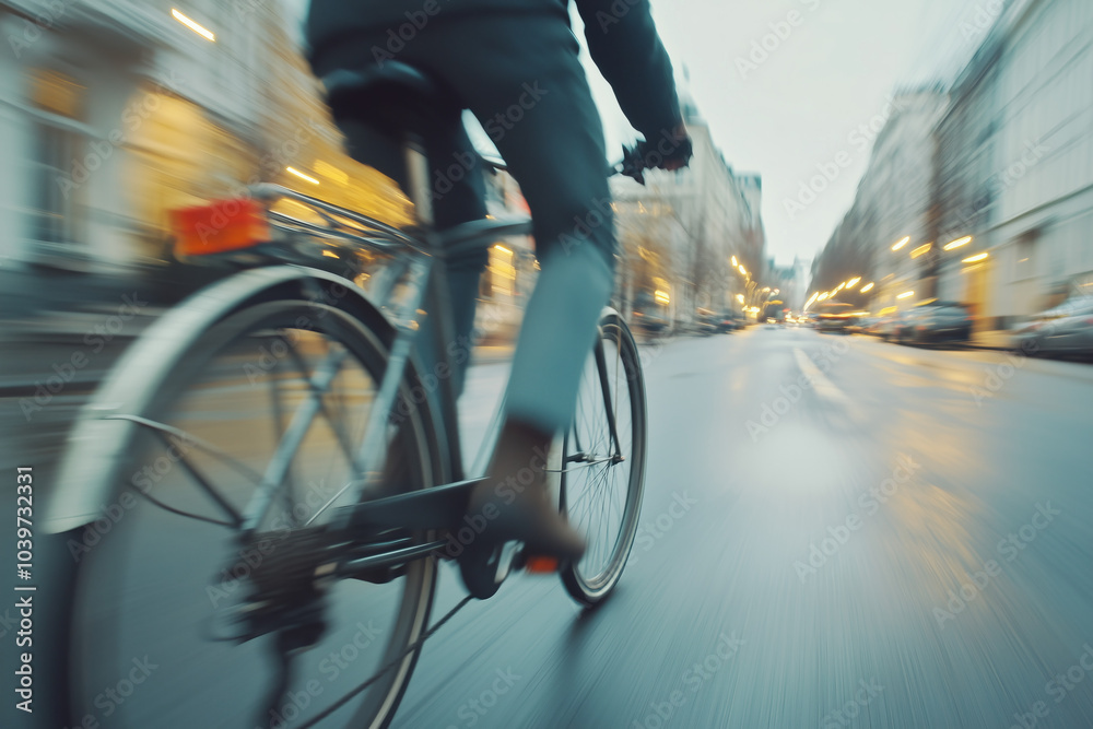 Man riding fast on bike bicycle on urban city street background in ...