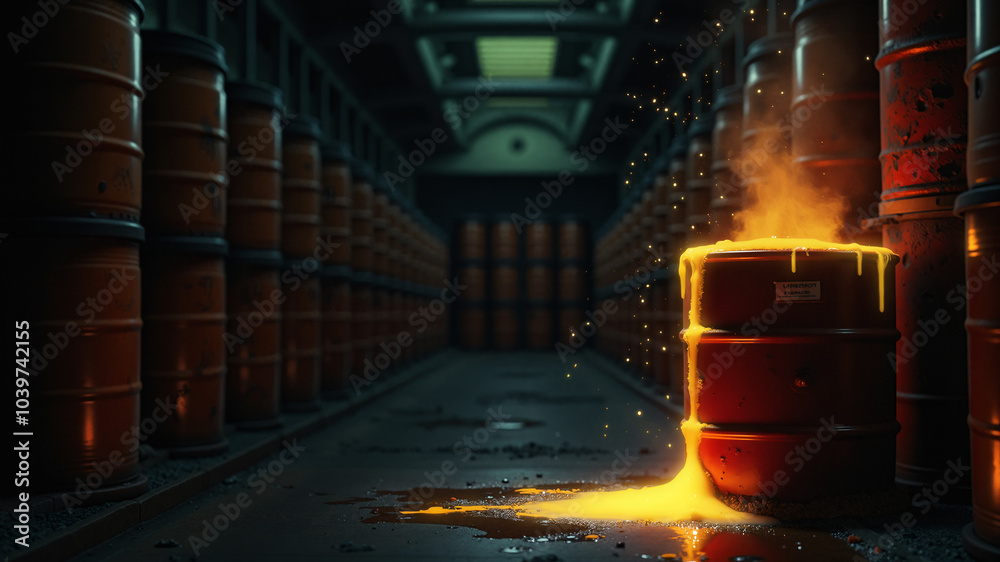 A hazardous waste storage facility with rows of barrels, one of which ...