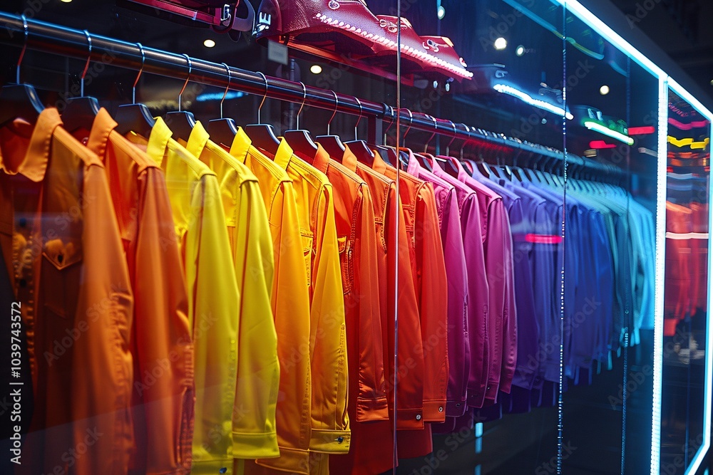 Brightly colored jackets hang neatly in a retail store, showcasing a ...