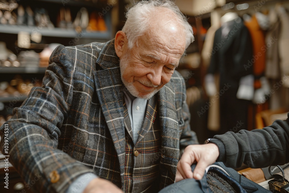 An elderly tailor focuses on his work, carefully adjusting fabric in a ...