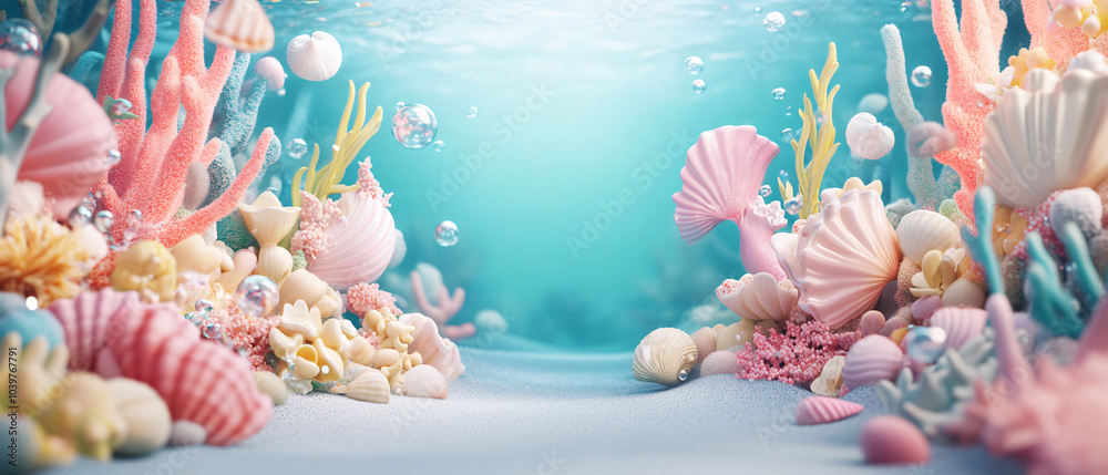 Underwater Seashells and Coral Reef with Ocean Bubbles and Sunlight ...