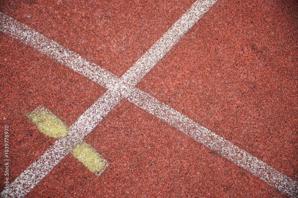 Crossing markings on a red cinder track for track and field athletes ...