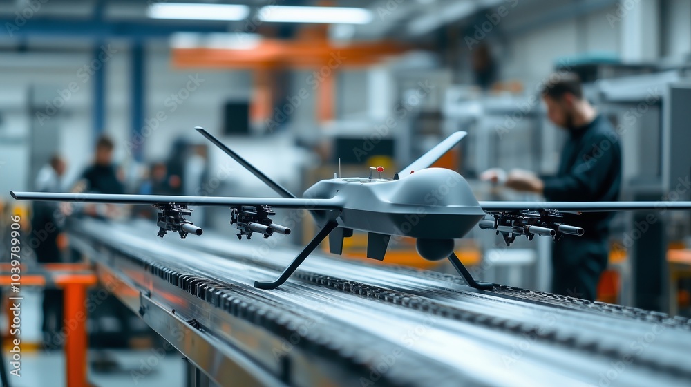 Modern war drone prototype on assembly line in a factory setting ...