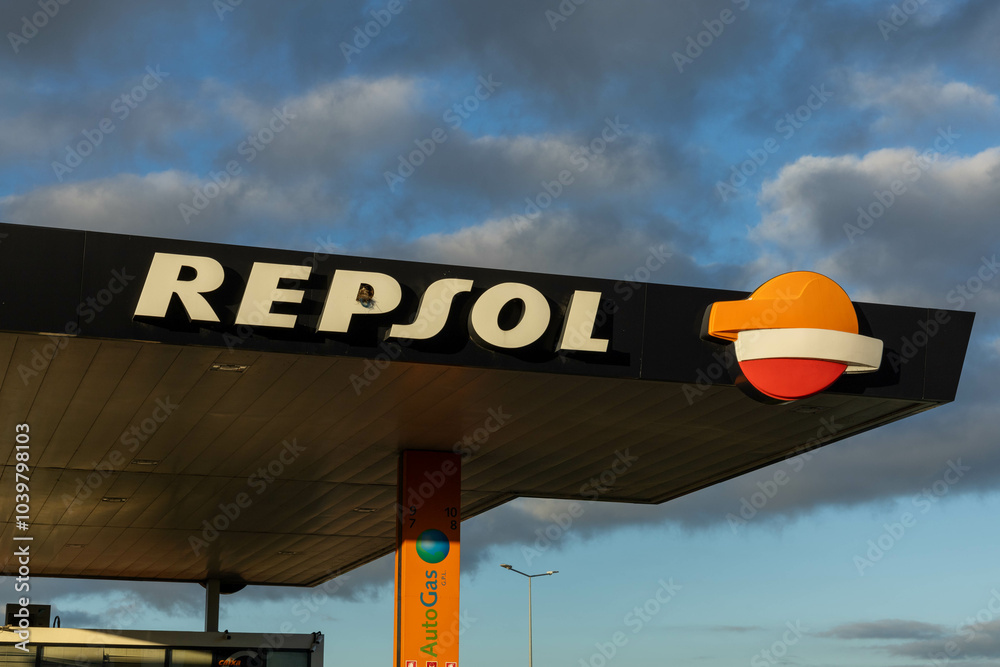 Repsol logo sign on the canopy. Repsol is a global multi-energy ...