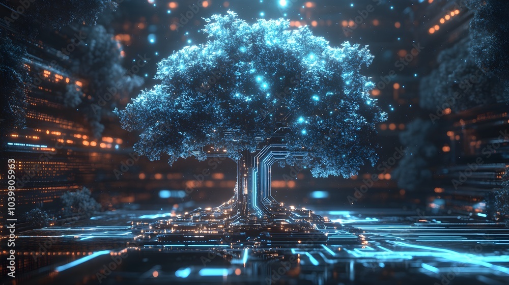 High-tech tree with LED-lit foliage growing out of a silver circuit ...