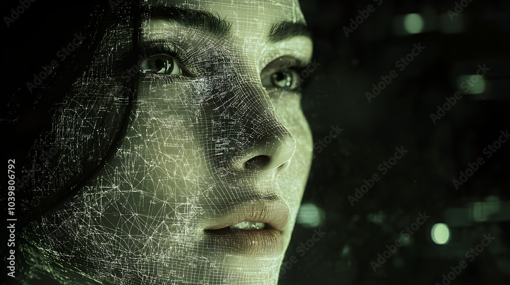 Female face with a digital facial mapping overlay, futuristic grid ...