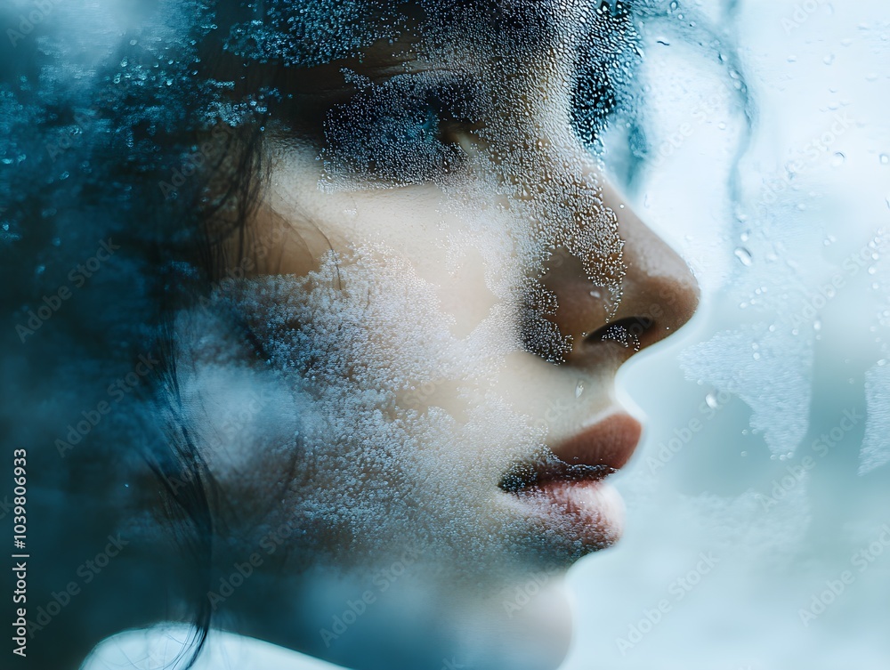 Androgynous person in a double exposure portrait, reflection in a ...
