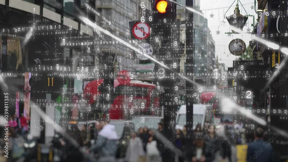 Busy urban street scene plus data matrix. Different modes of transport ...