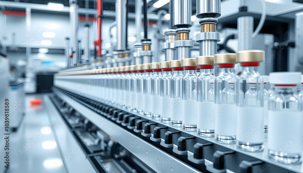 Drug manufacturing process. Line with medical ampoules line at a modern ...