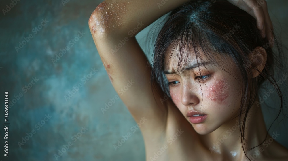 2410 4.Asian girl with a distressed expression, scratching her arm ...