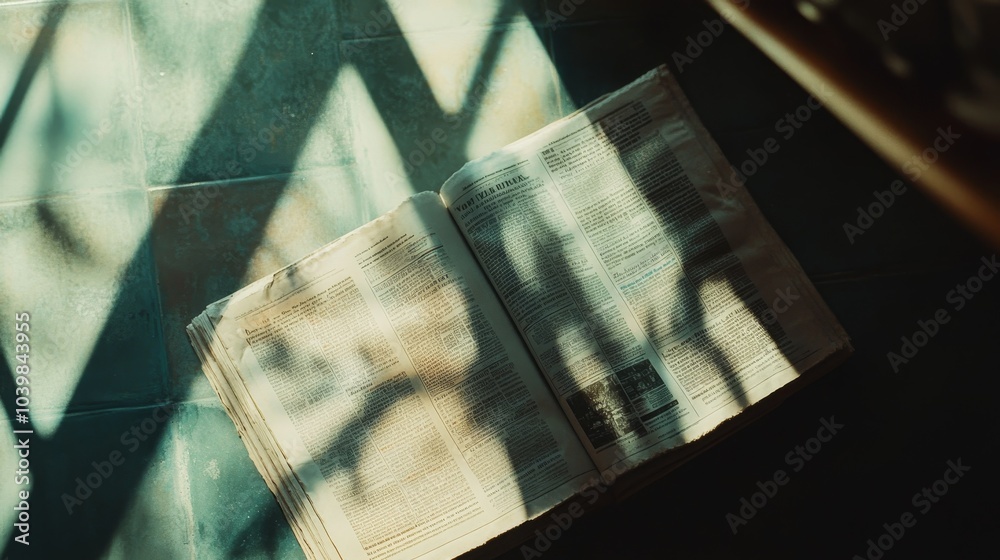 2410 77.Overhead shot of an open newspaper on a table, with no text or ...