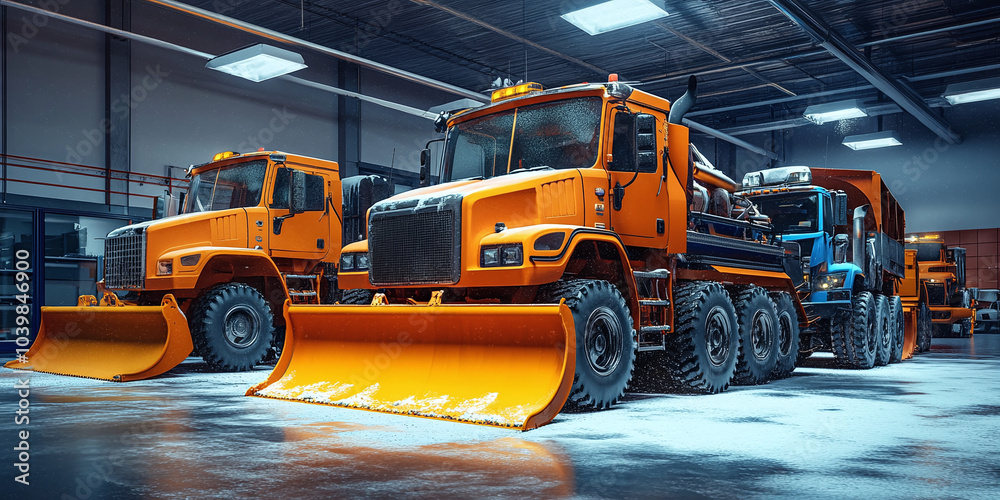 Row of bright orange snowplow trucks parked inside a garage, ready for ...