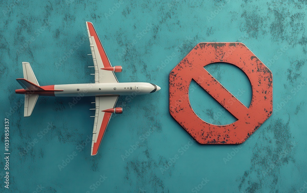A playful design featuring a toy airplane next to a bold stop symbol ...